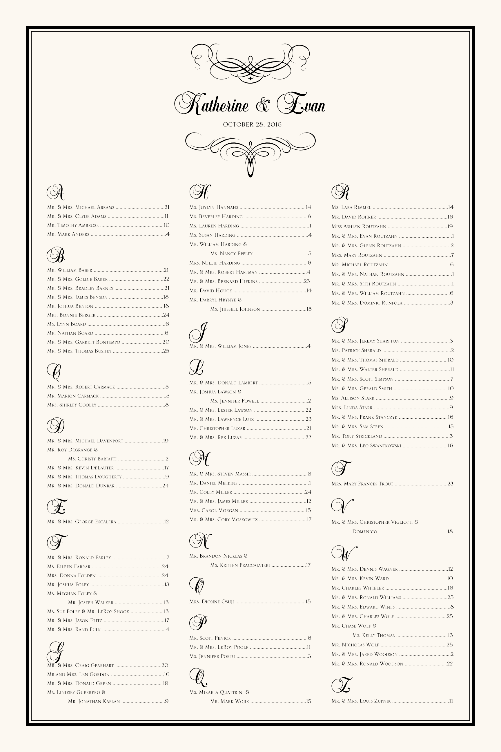 Flourish Monogram 08 Monogram Wedding Seating Chart with Wedding Guest List - Documents and Designs